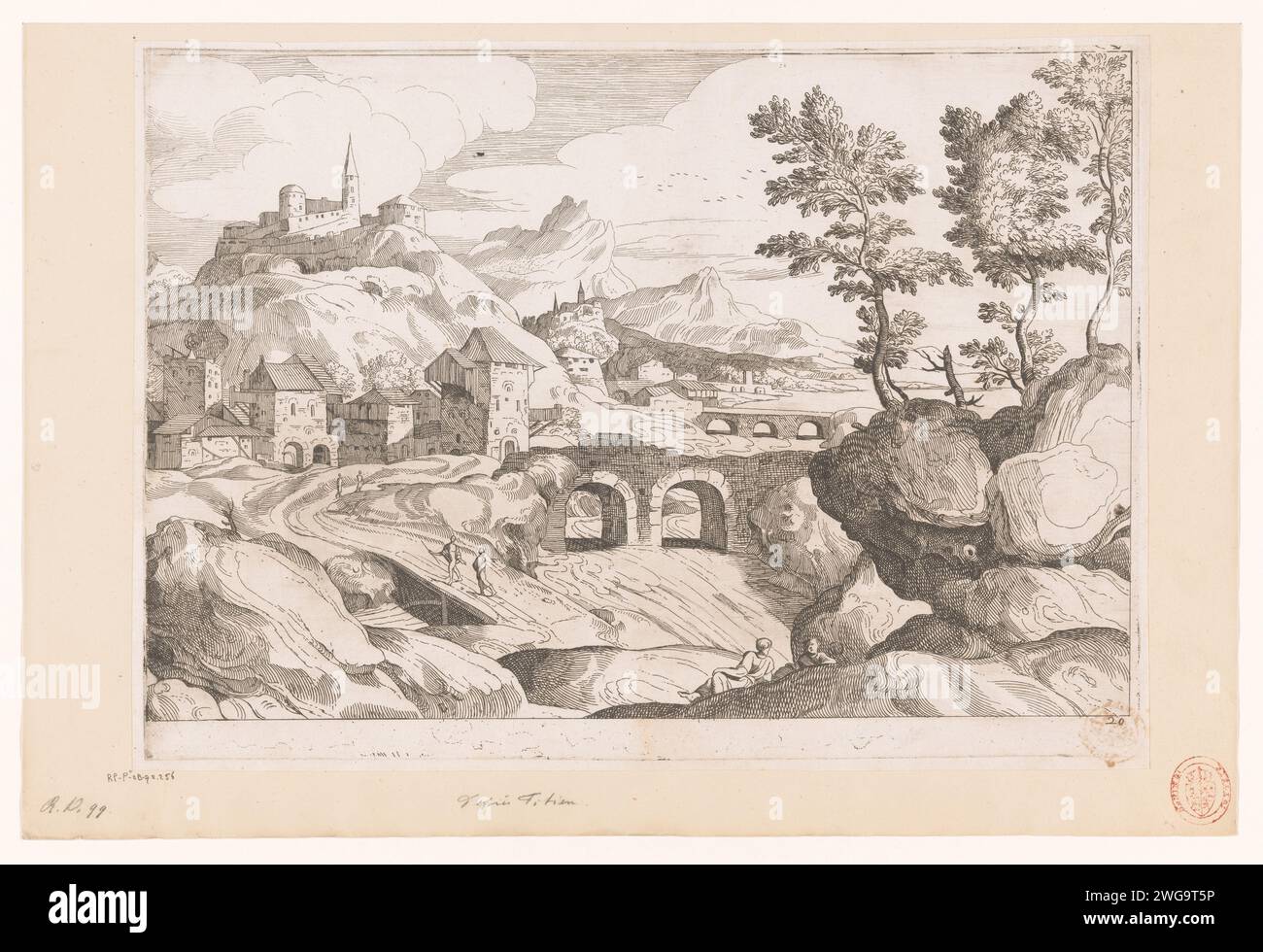 Landscape with two bridges over a river, Jean Pesne, After Titian, 1666 ...