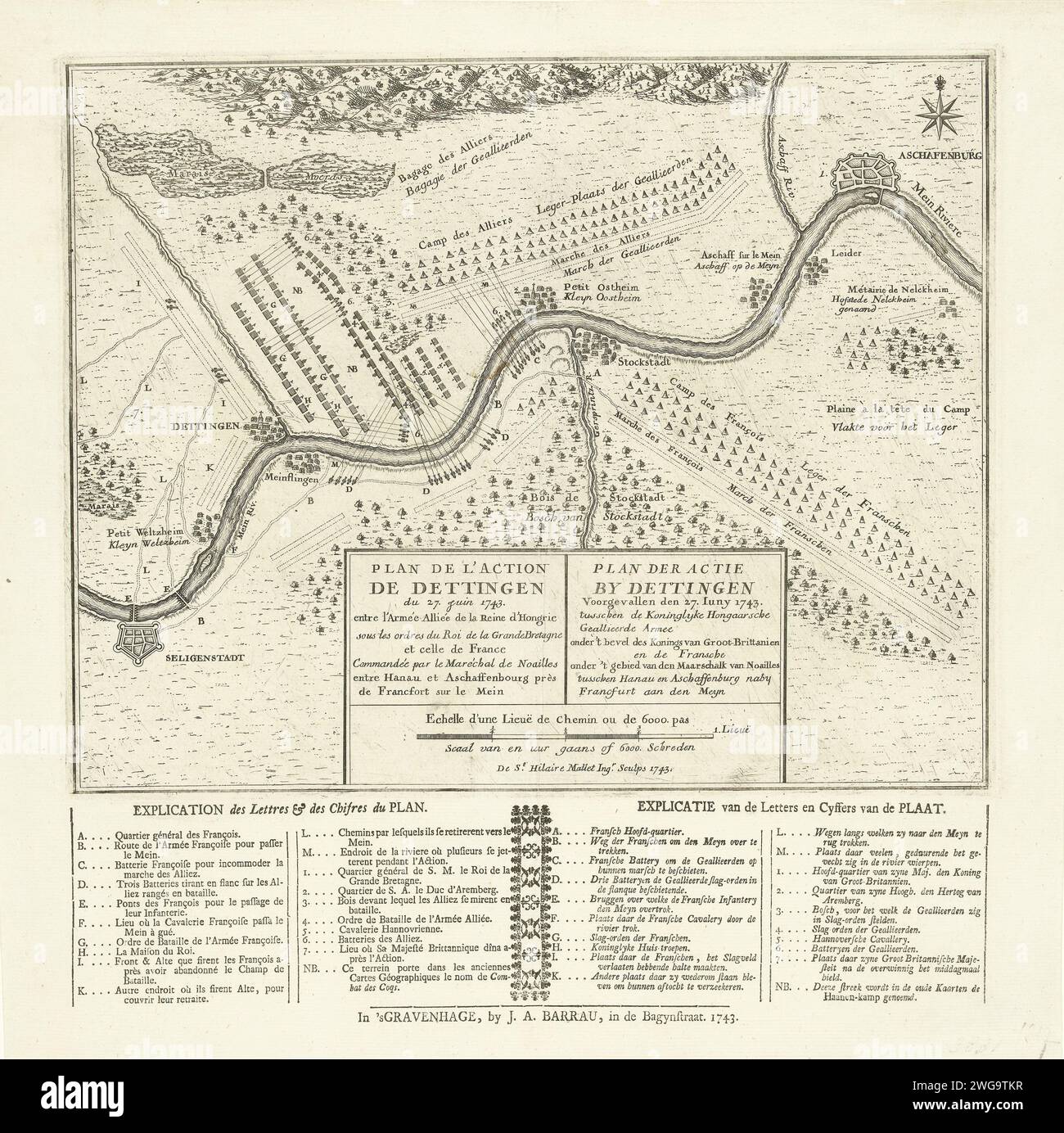 Plan of the Battle of Dettingen, 1743, 1743 print Map of the Battle of ...