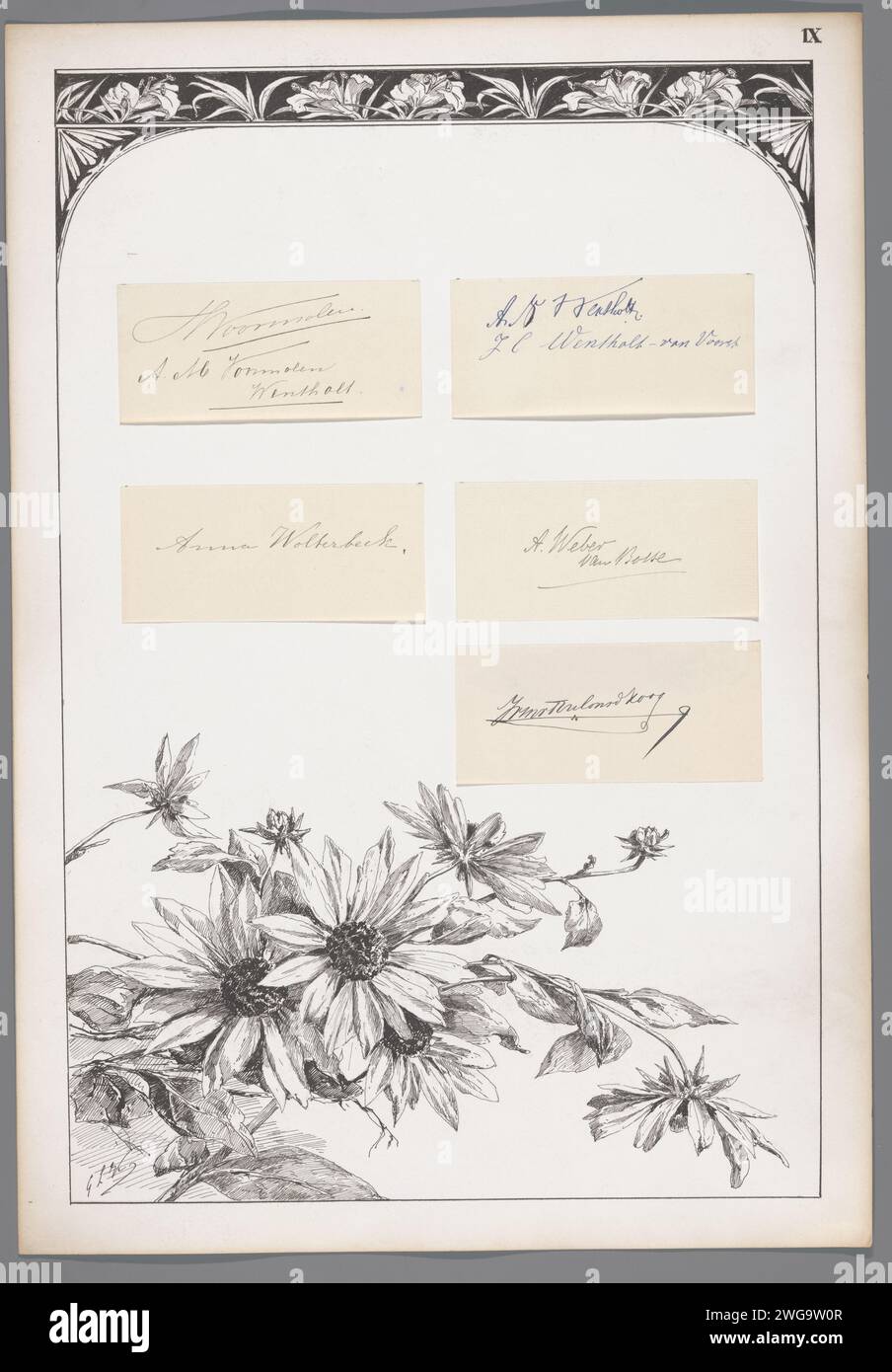 Five signatures stuck on a leaf with flowers and decorative edge ...