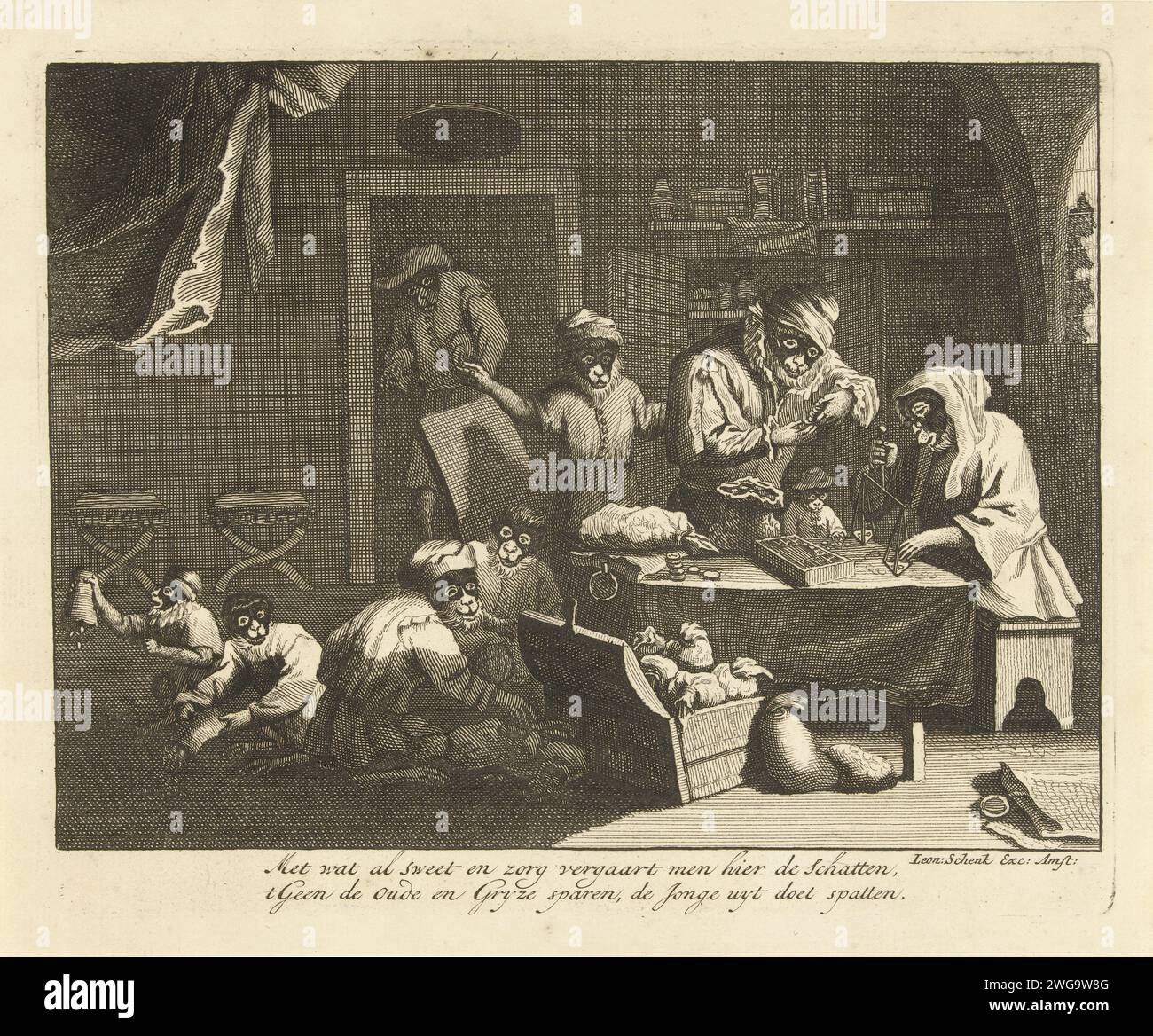 Monkeys weighing and counting money, Leonard Schenk (Possible), 1720 ...
