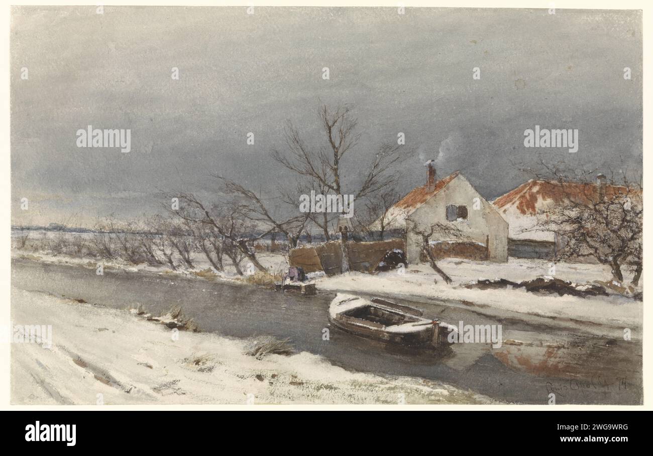 Winter landscape with houses at a speed, Louis Apol, 1874 drawing paper ...