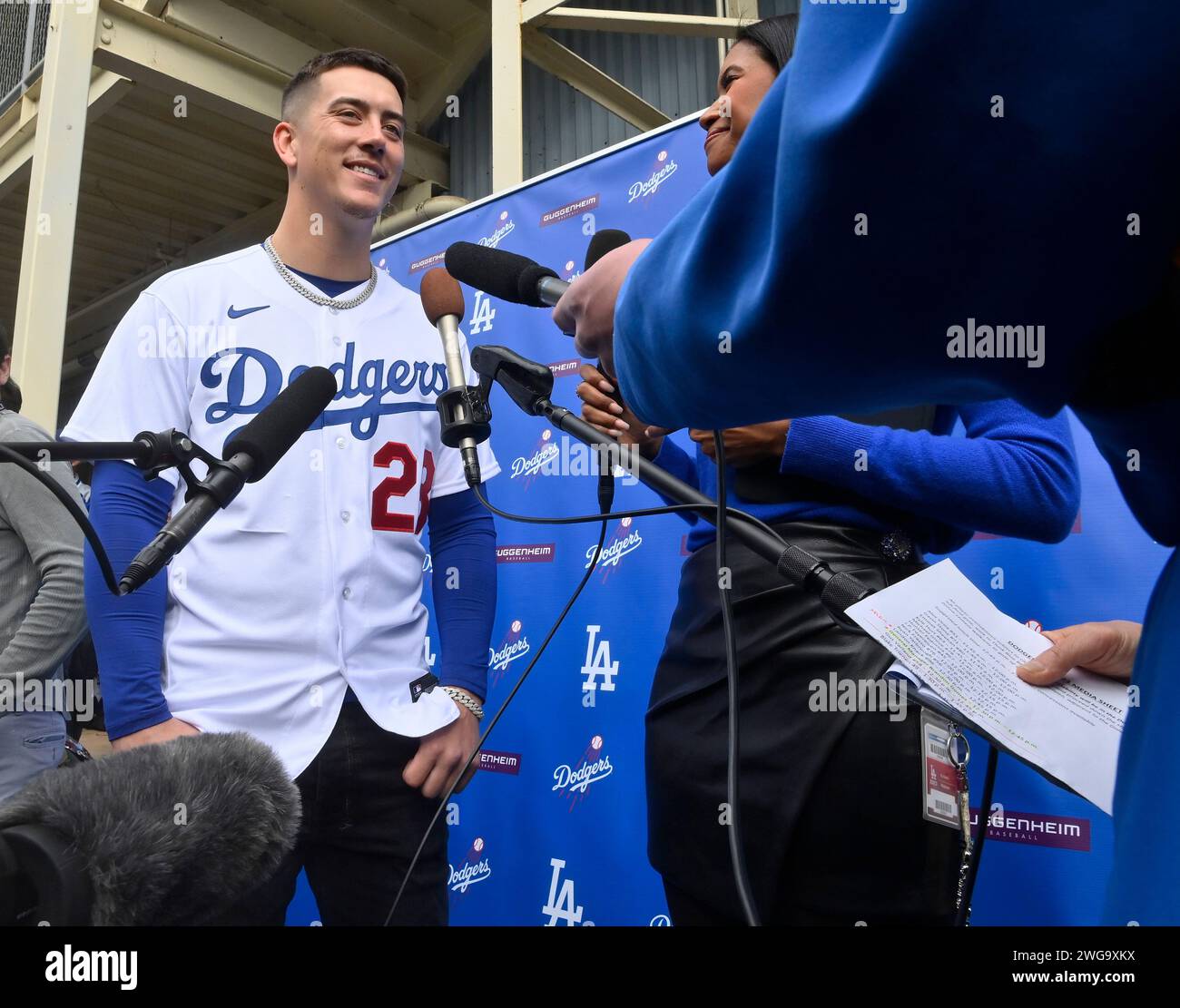 Los Angeles, United States. 03rd Feb, 2024. Walker Buehler speaks to a ...