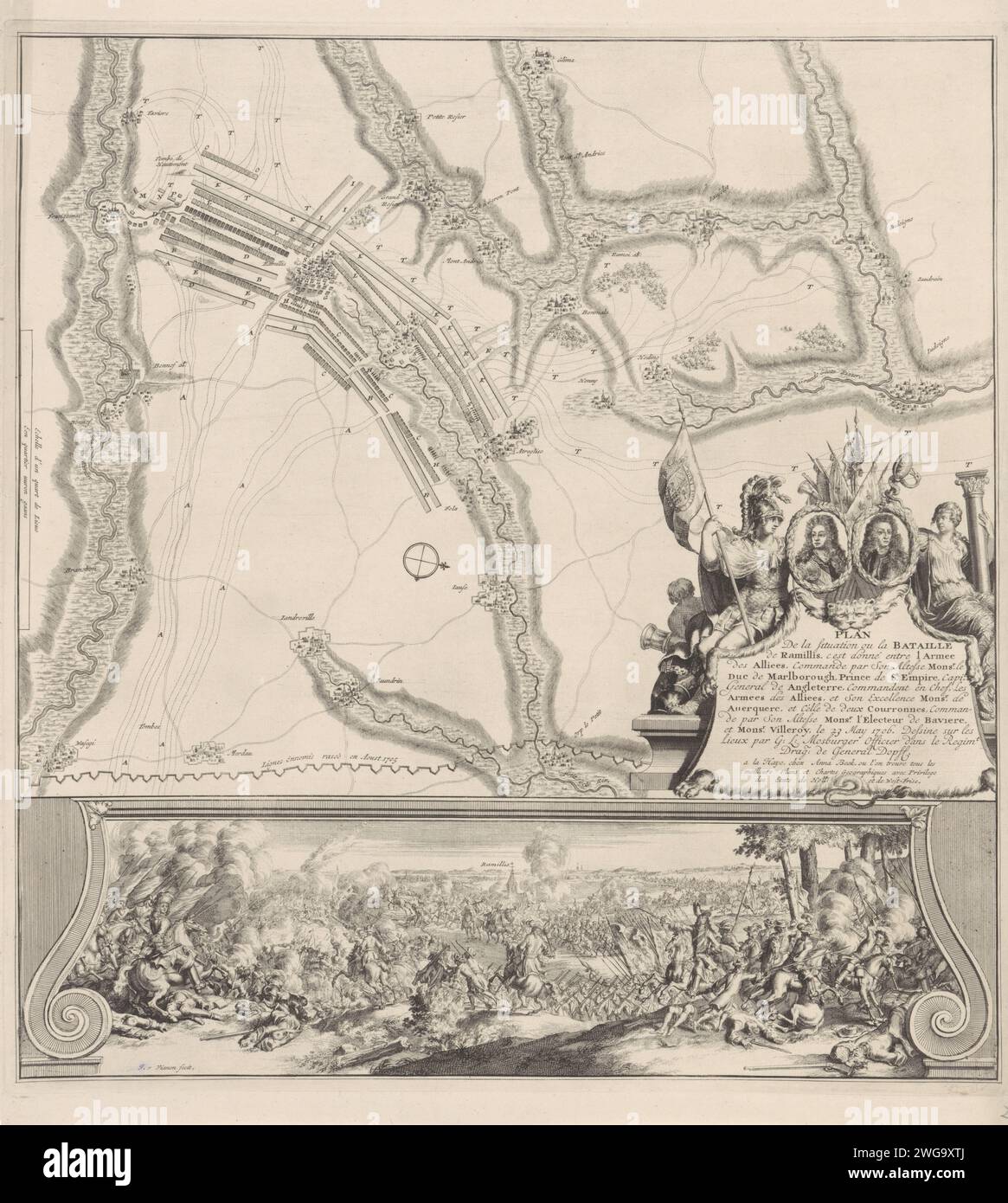 Map and illustration of the Battle of Ramillies, 1706, Jan van Vianen ...
