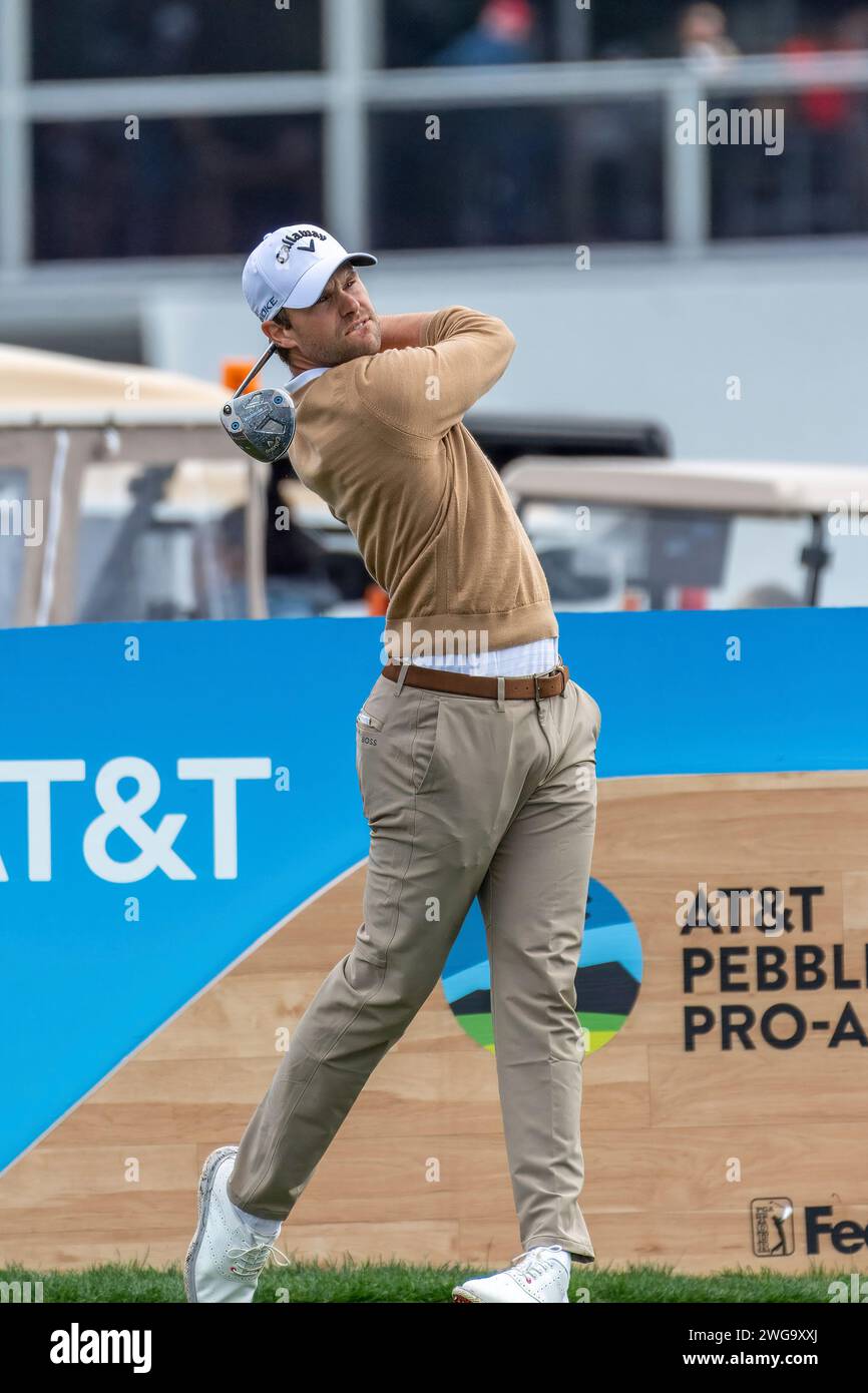 PEBBLE BEACH, CA - FEBRUARY 03: Thomas Detry drives off of the 3rd hole ...