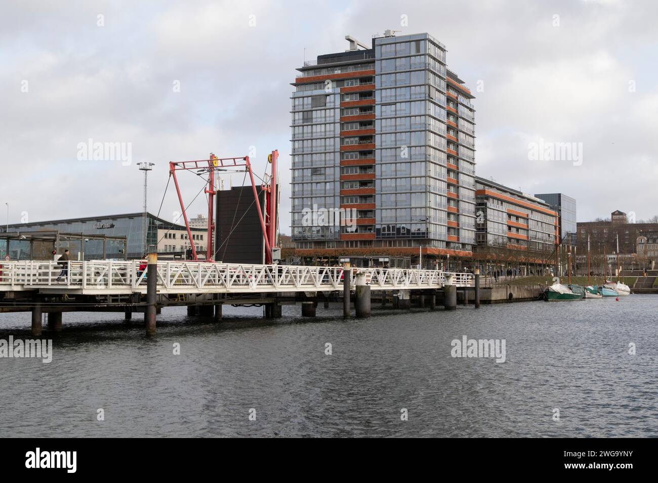 Hoernbruecke, bascule bridge for pedestrians at the Germaniahafen over ...