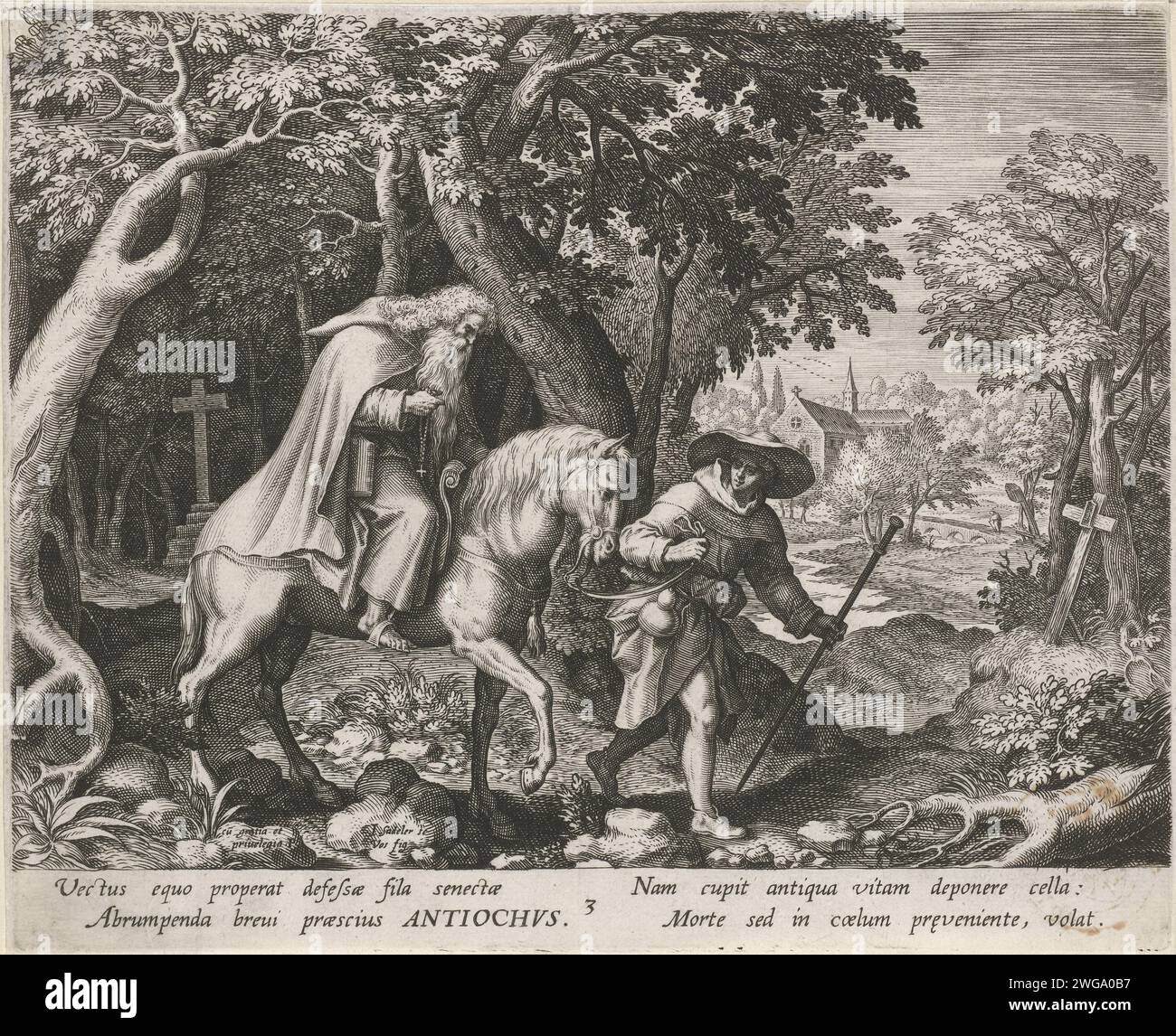 Holy Antiochus as a recluse, Johann Sadeler (I), After Maerten de Vos, 1598 print The H ...