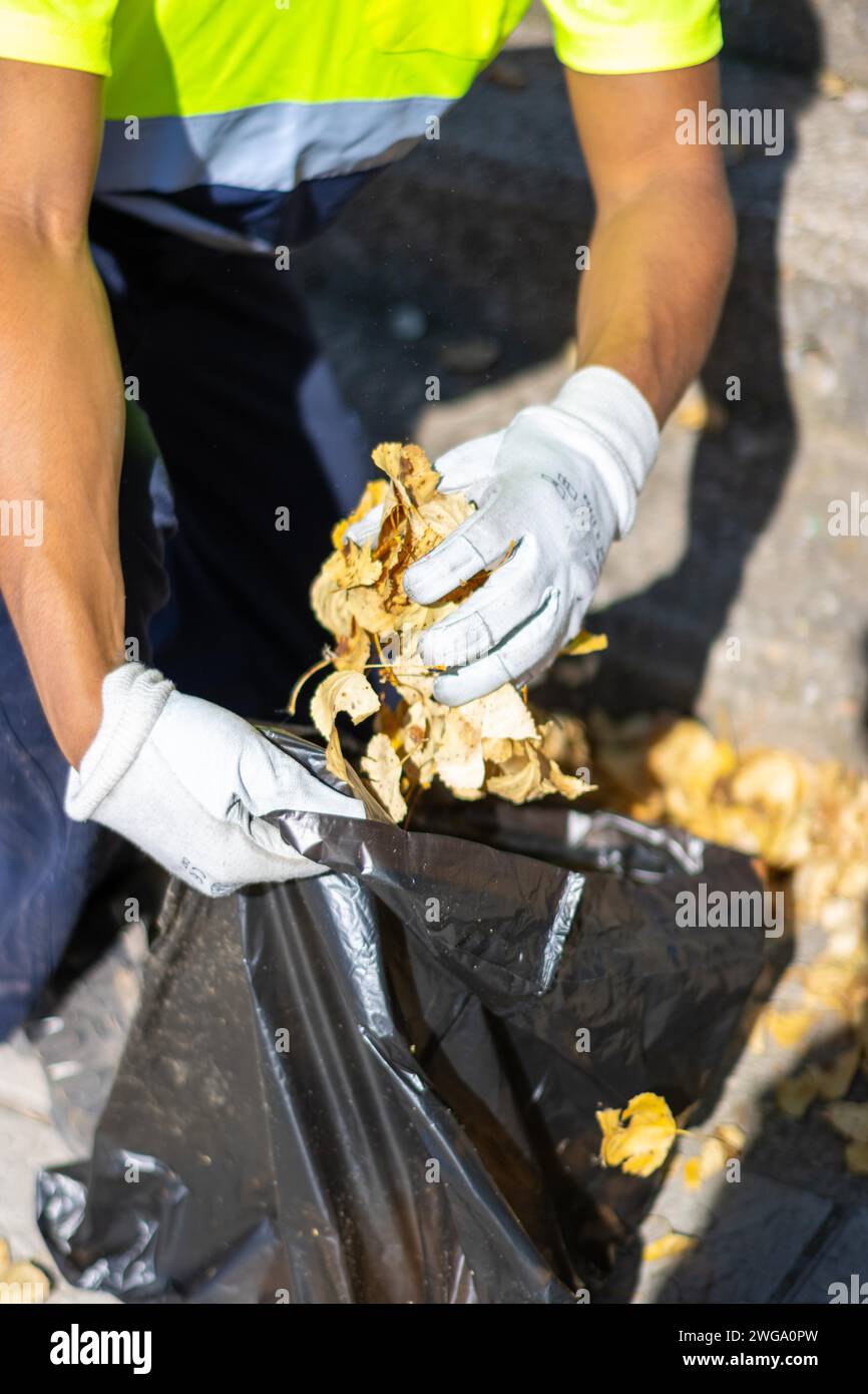 Vertical view of an unrecognizable latin street sweeper picking up ...