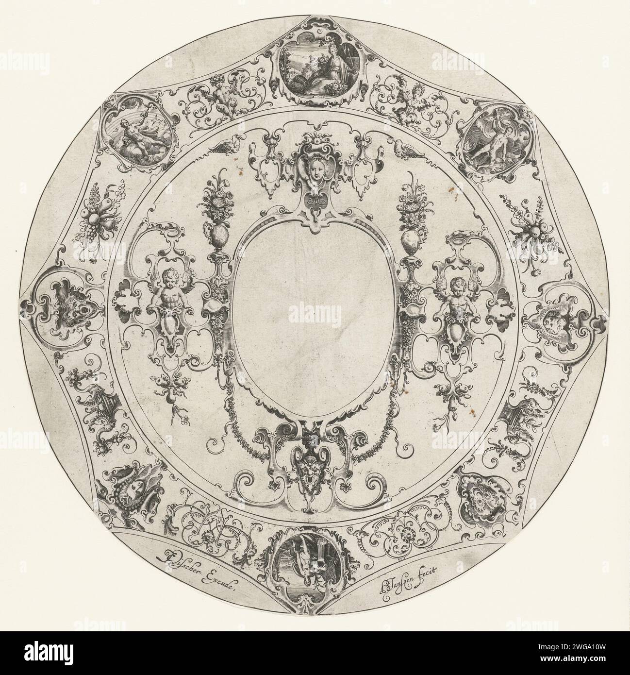 Octagonal board, c. 1630 print In the corners of the edge there are ...