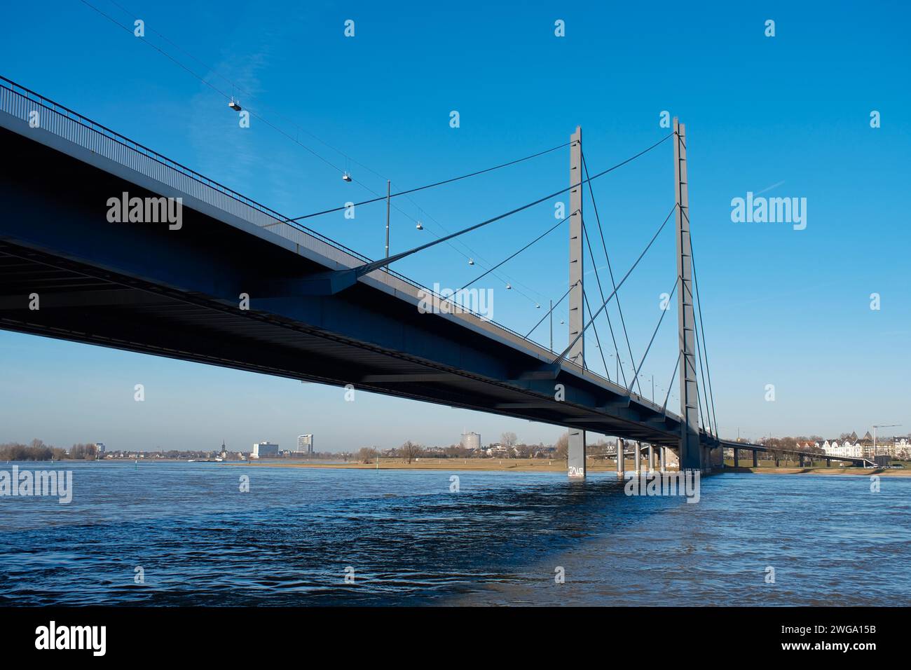 View over the Rhine with Rheinkniebruecke bridge, Duesseldorf, Germany ...