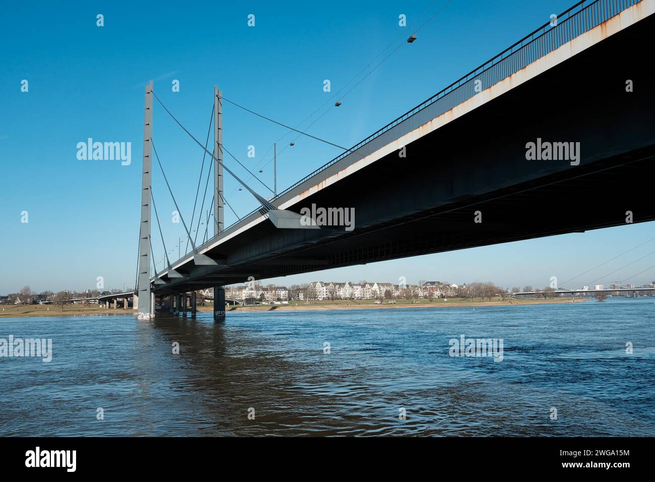 View over the Rhine with Rheinkniebruecke, behind it Oberkassel ...