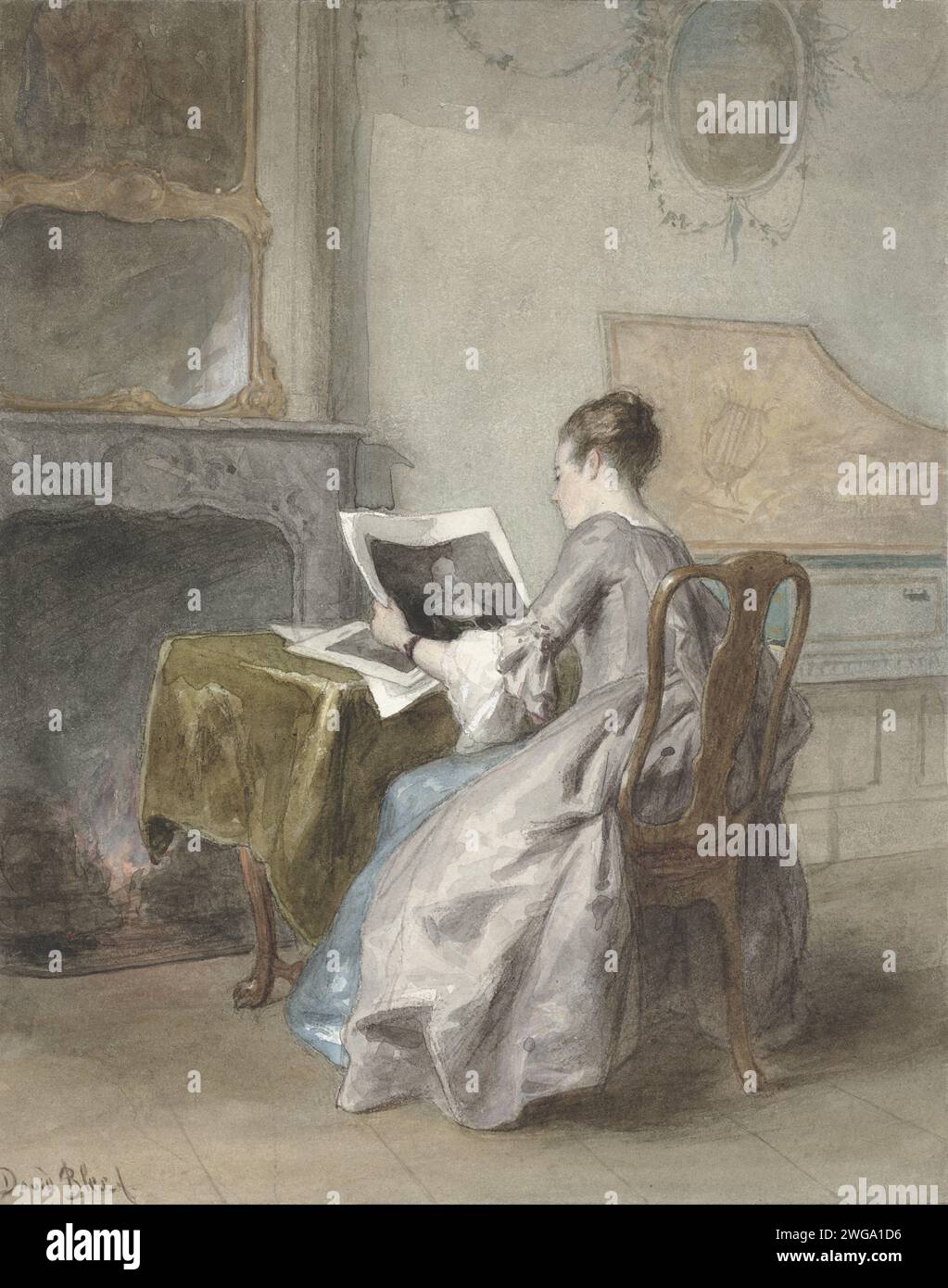 Art Healthier, David Bles, 1831 - 1892 drawing Sitting young woman at a table, looking a print ...