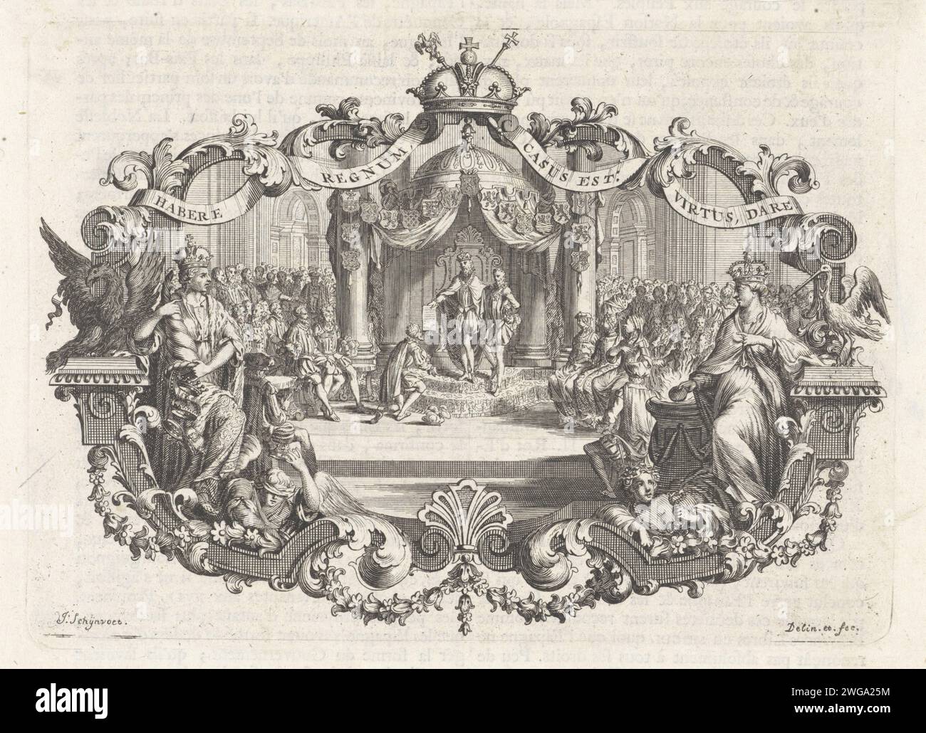 Man kneeling in front of a throne in a large room, Jacobus Schijnvoet ...