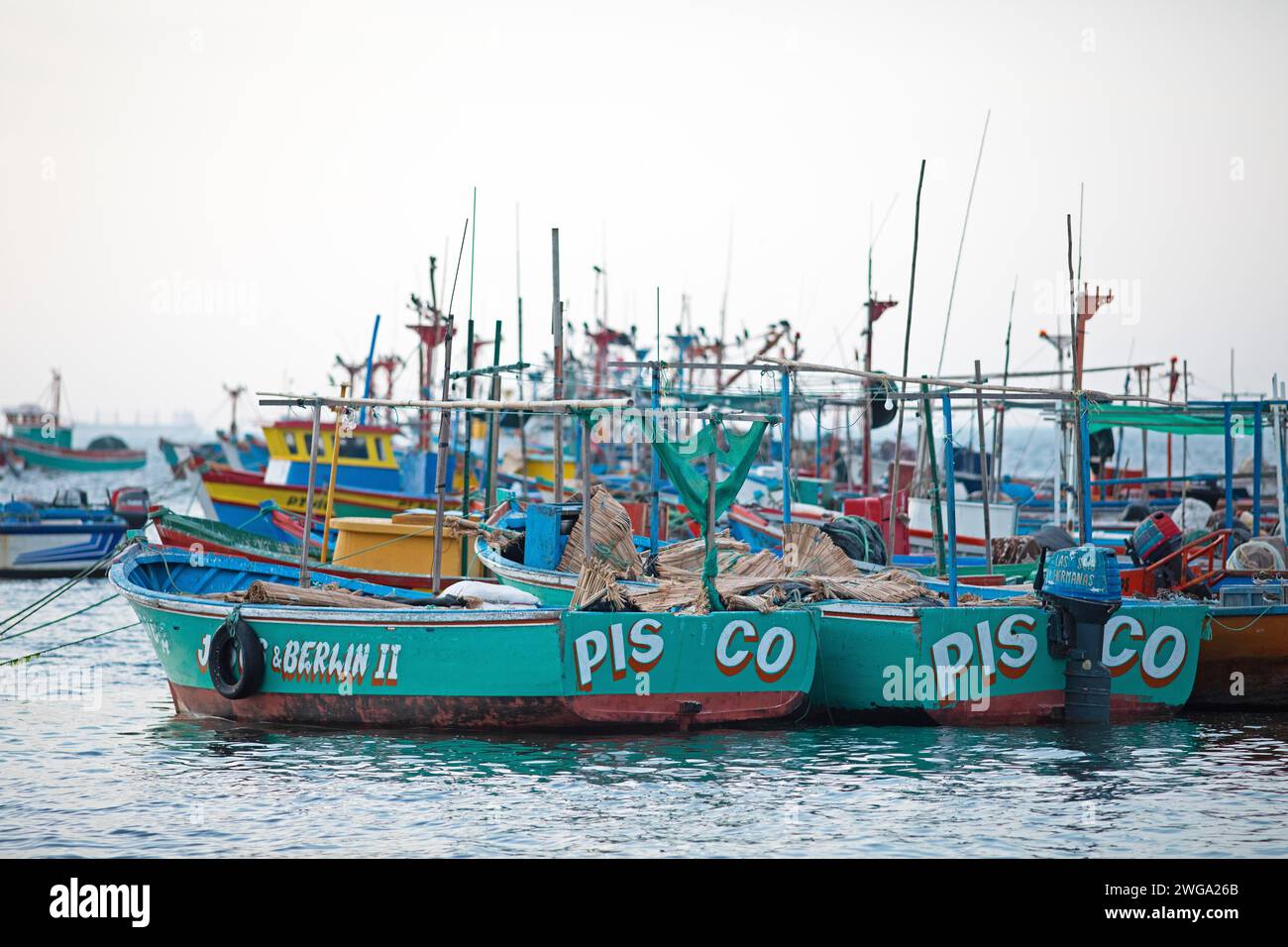 Colourful fishing boats in the bay of Paracas, Reserva Nacional de ...