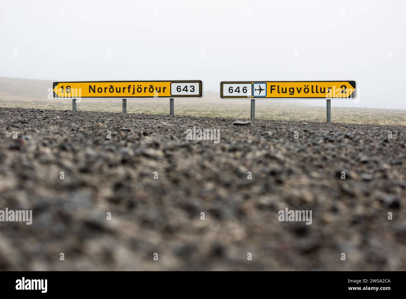 Road signs Norourfjoerour and Flugvoellur, Strandir, Arnes, Westfjords ...