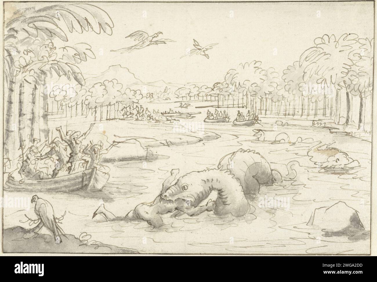Tropical landscape with a sea hose that a man devours, Caspar Luyken ...