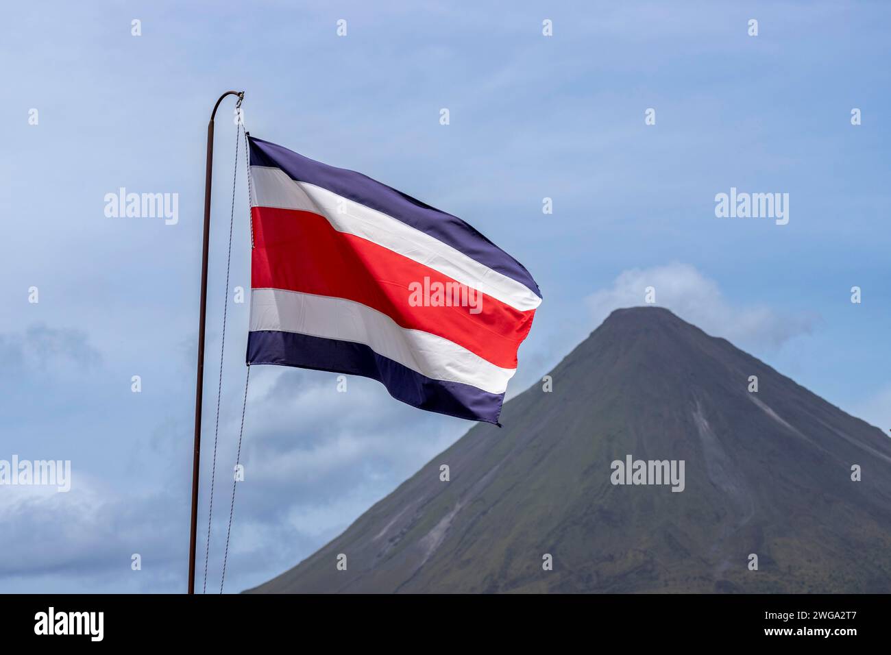 National flag, Arenal volcano in the background, Costa Rica, Central ...