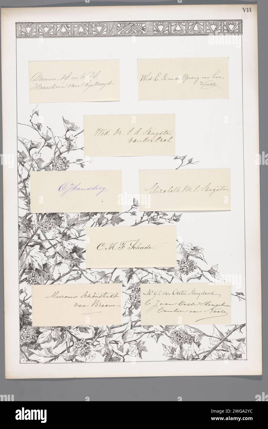 Eight signatures stuck on a leaf with leaves and flowers and decorative ...