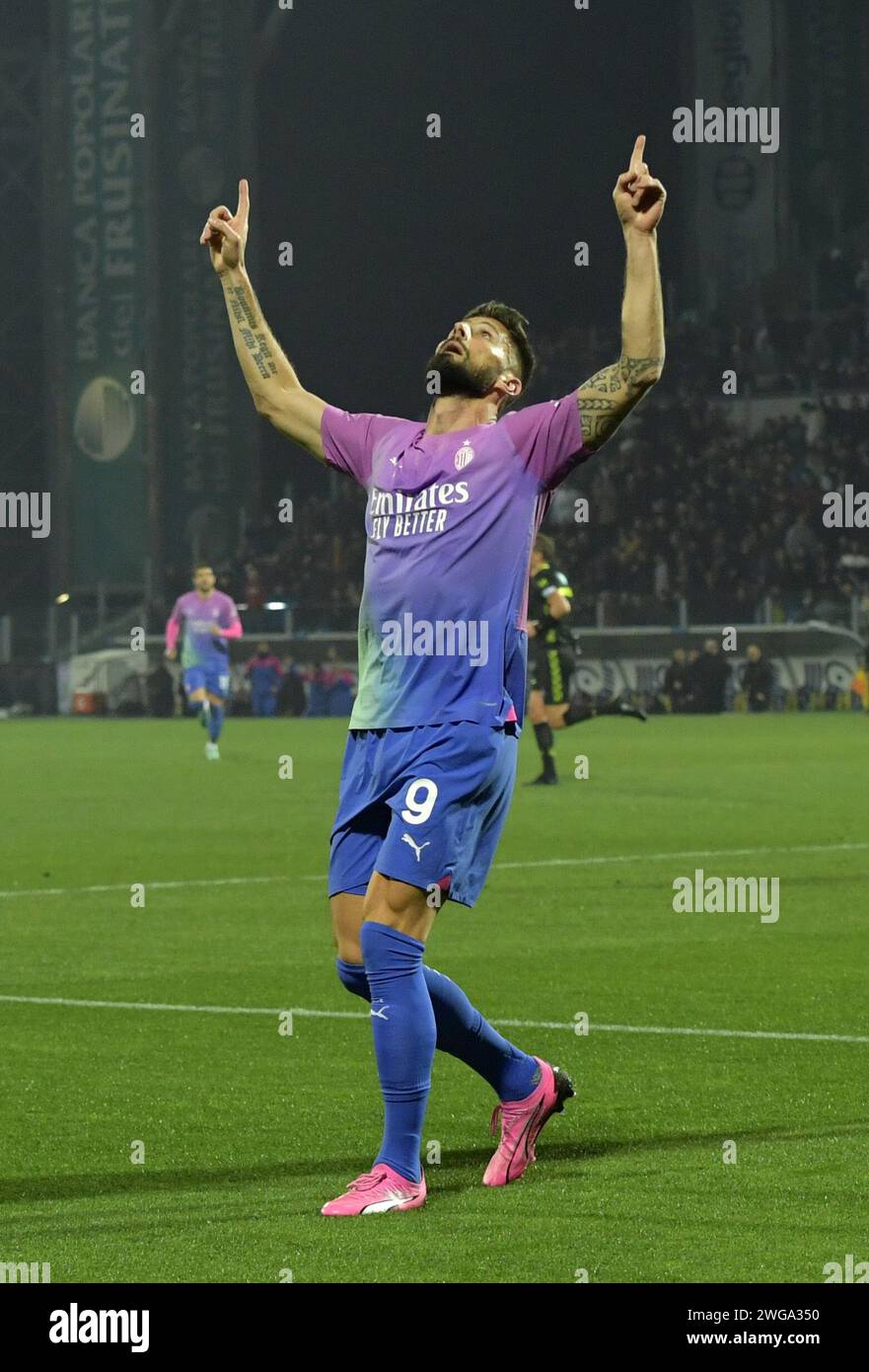 Frosinone, Italy. 3rd Feb, 2024. AC Milan's Olivier Giroud celebrates ...