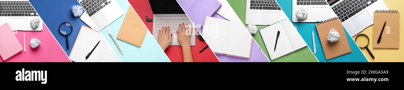 Collage of laptops with notebooks, magnifiers, crumpled papers and pens ...
