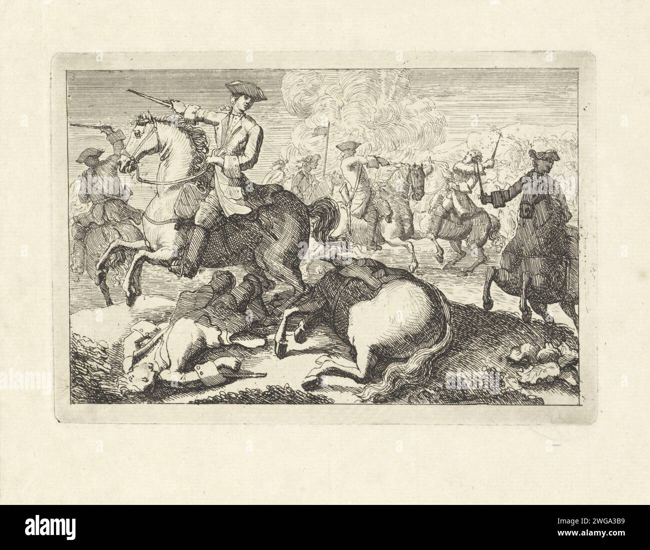 Cavalry fight with a wounded rider and horse, Johannes Verhoek, 1700 ...