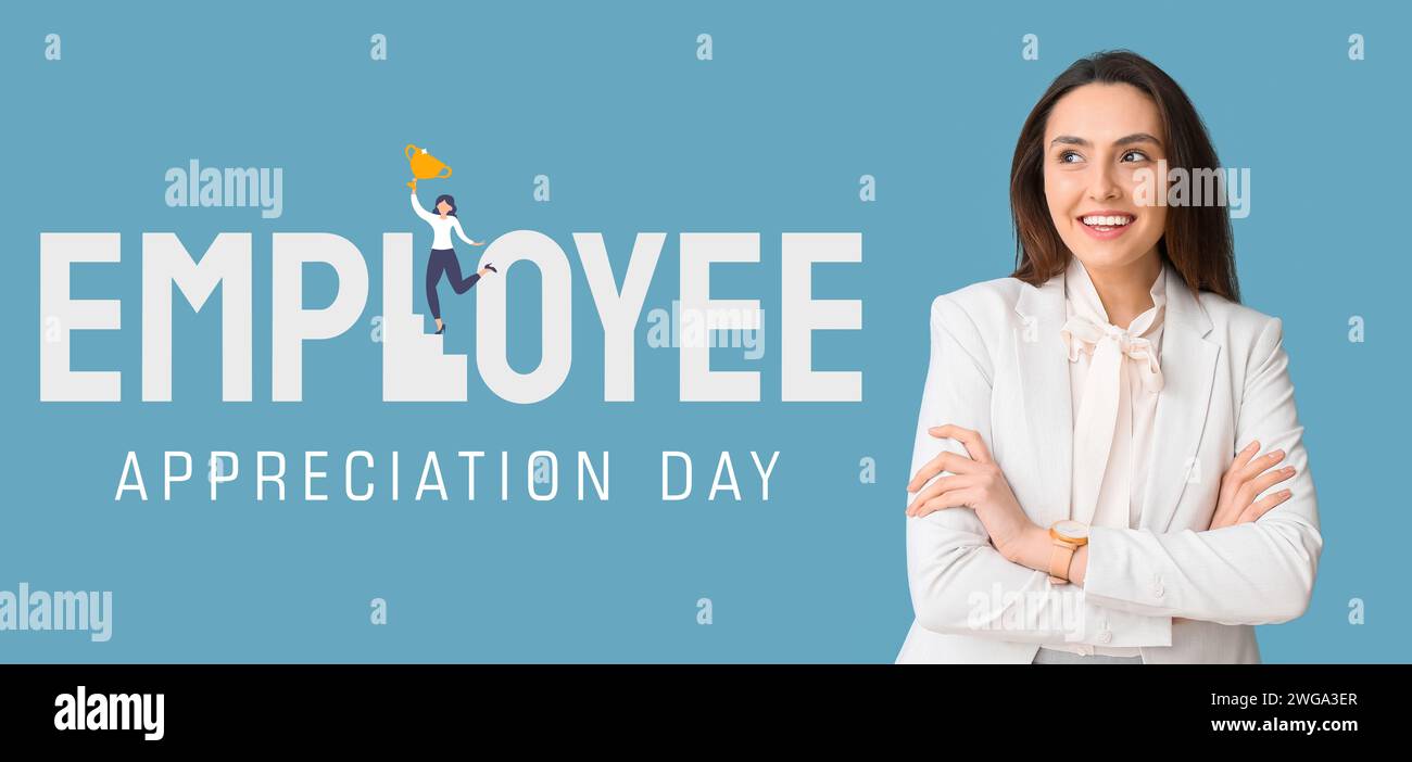 Festive banner for Employee Appreciation Day with young businesswoman ...