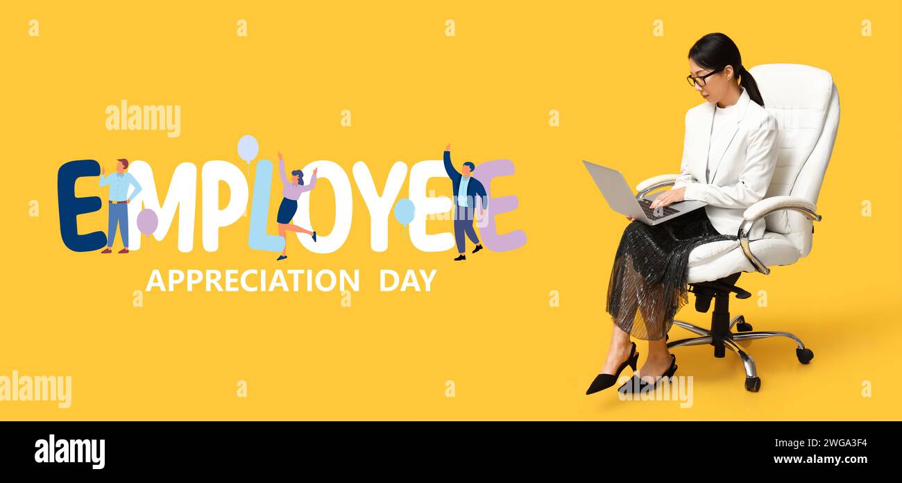 Festive banner for Employee Appreciation Day with Asian businesswoman ...