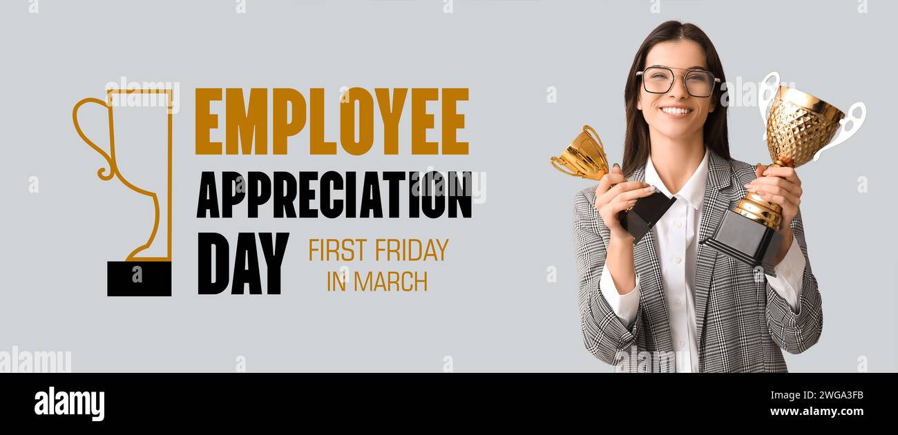 Festive banner for Employee Appreciation Day with young businesswoman ...