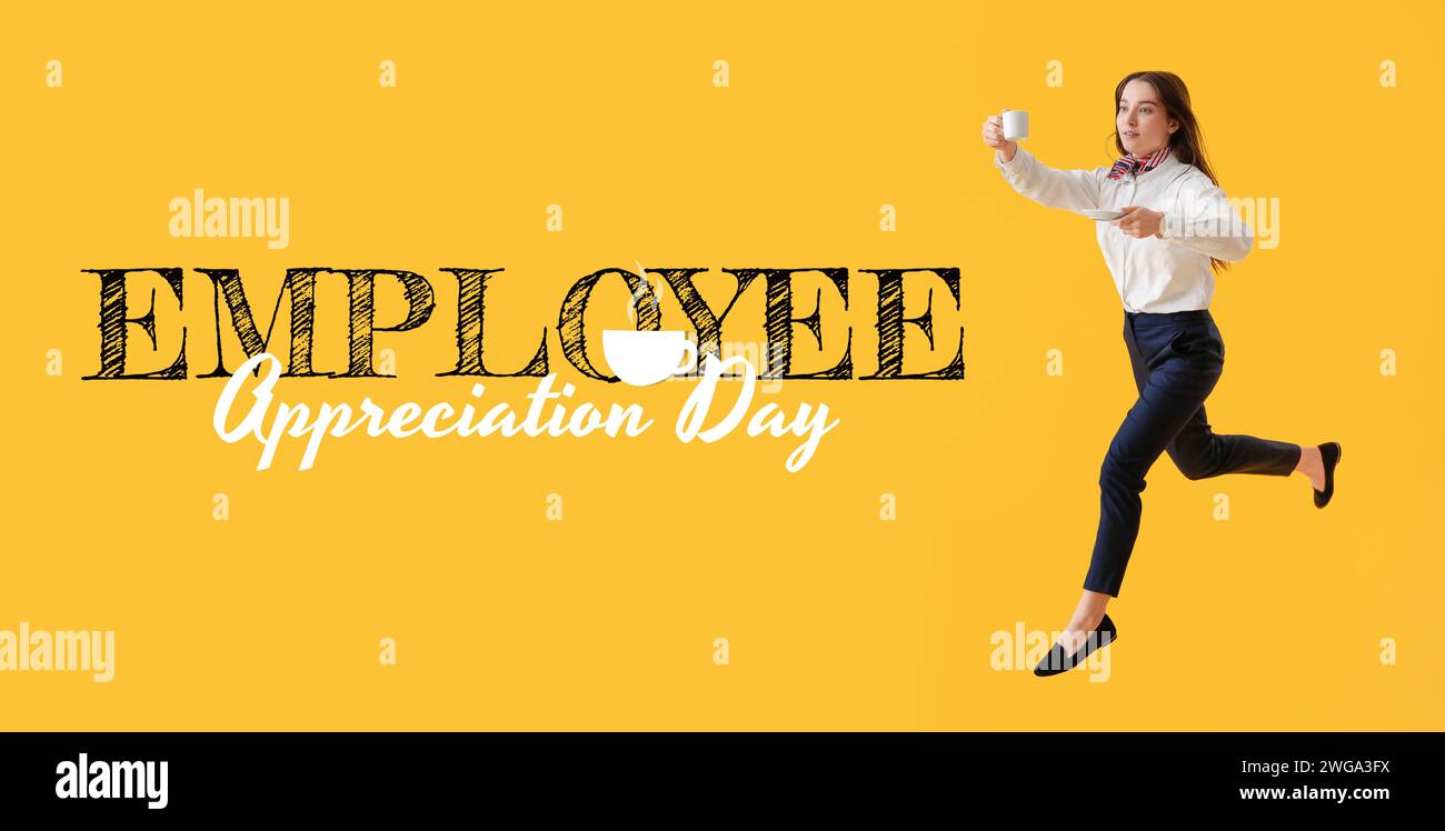 Festive banner for Employee Appreciation Day with jumping female ...