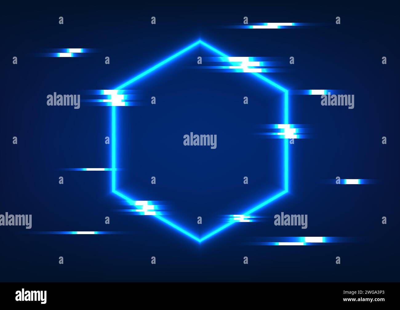 Abstract technology background A hexagonal geometric shape with light radiating around it. with ...