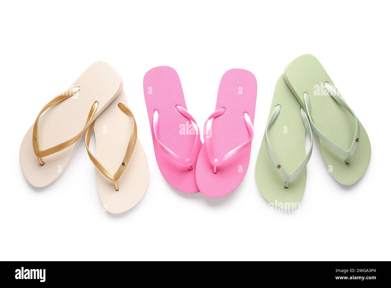 Colorful pairs of female flip flops on white background Stock Photo - Alamy