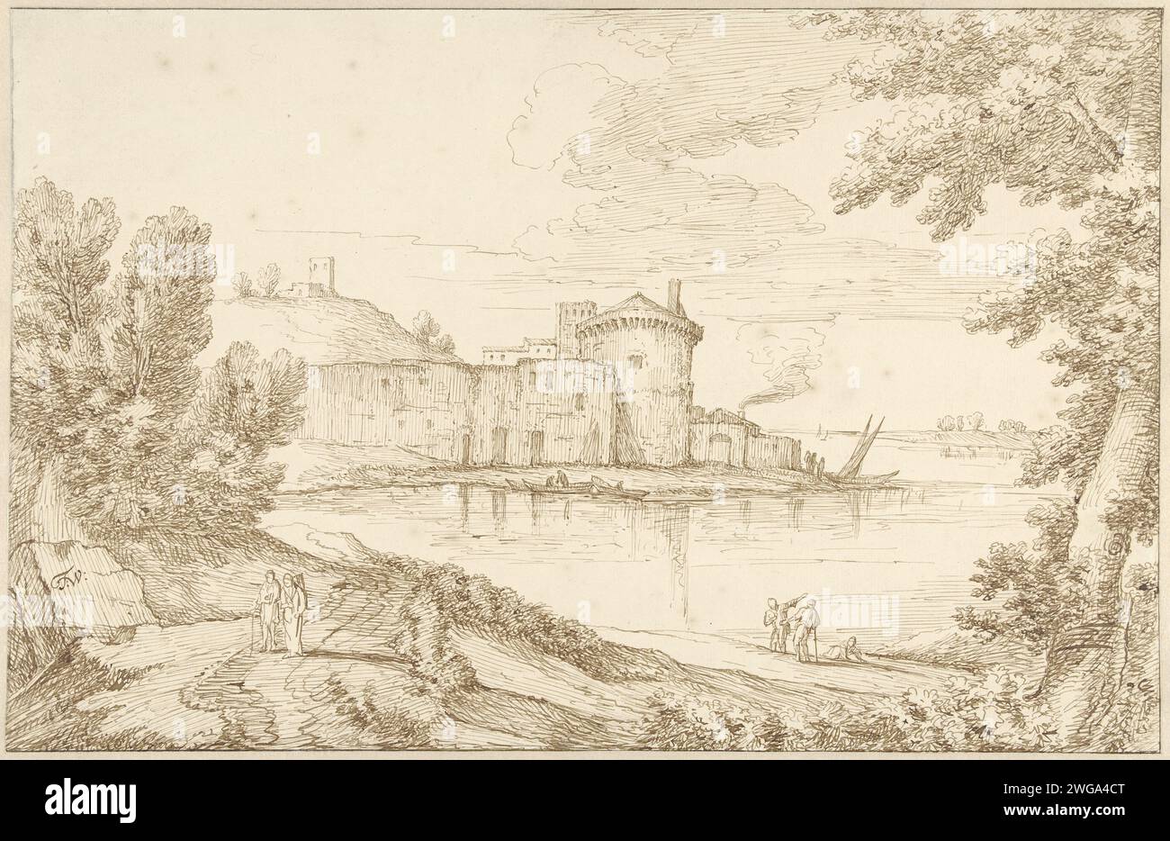 River face in Italy with a tower, Theodoor Wilkens, 1700 - 1748 drawing ...