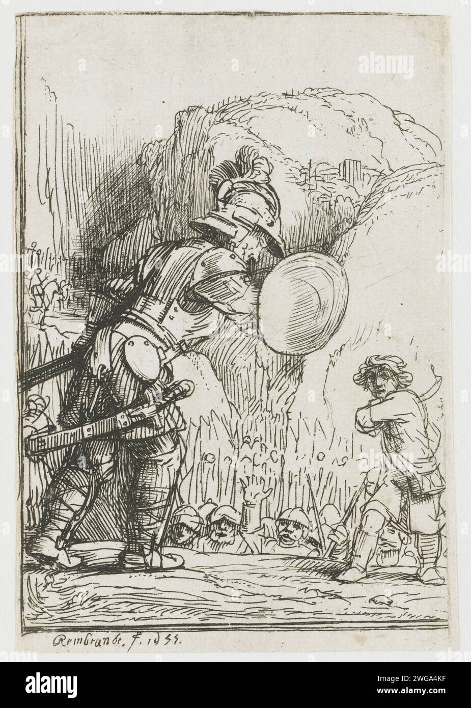 David and Goliath, Rembrandt van Rijn, 1655 print paper etching story ...