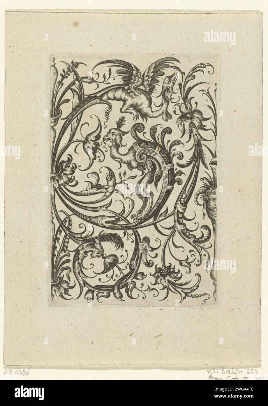 Panel with leaf vessels ending in two dragons, 1684 print Leaf from ...