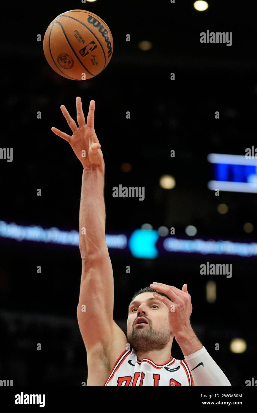 Chicago Bulls center Nikola Vucevic makes a shot during the second half ...