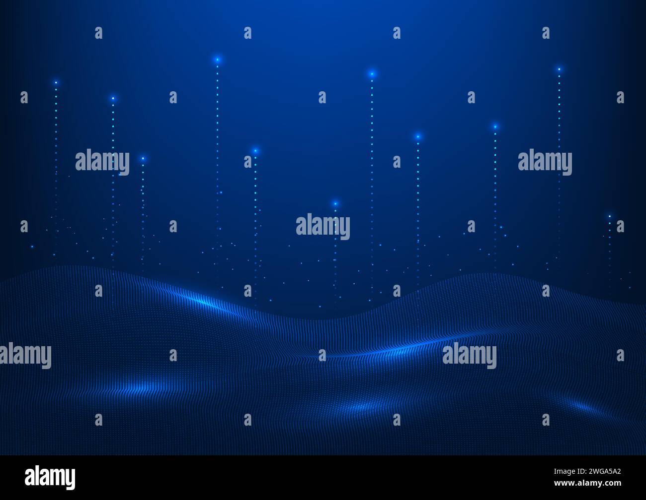Abstract technology background Waves of connected dots with rising lines represent the output of ...