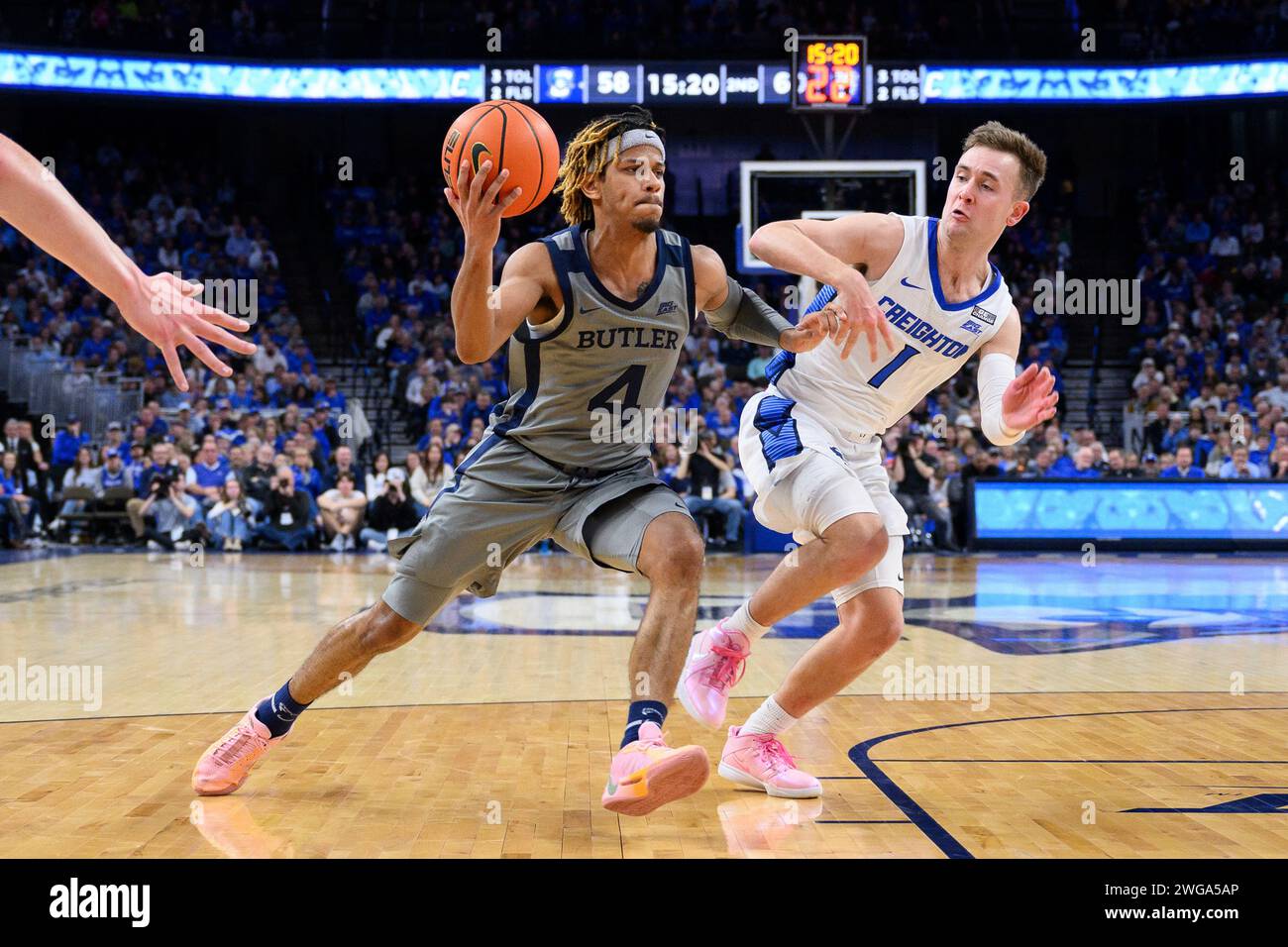 OMAHA, NE - FEBRUARY 02: Butler Bulldogs guard DJ Davis (4) drives into ...
