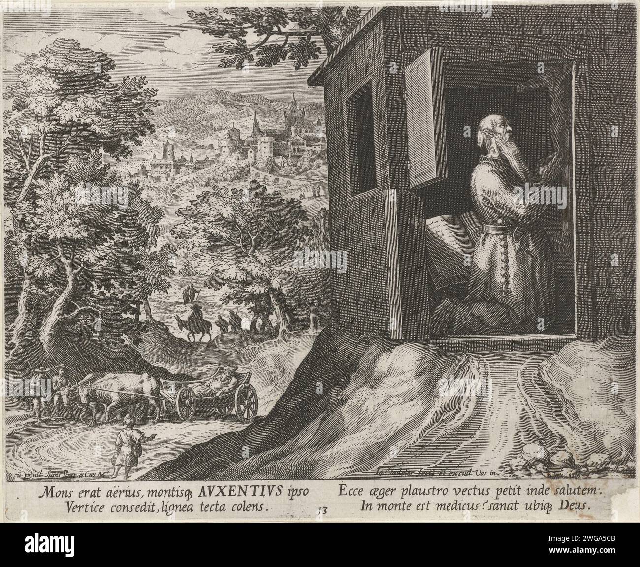 Holy Auxentius as a recluse, Johann Sadeler (I), After Maerten de Vos ...