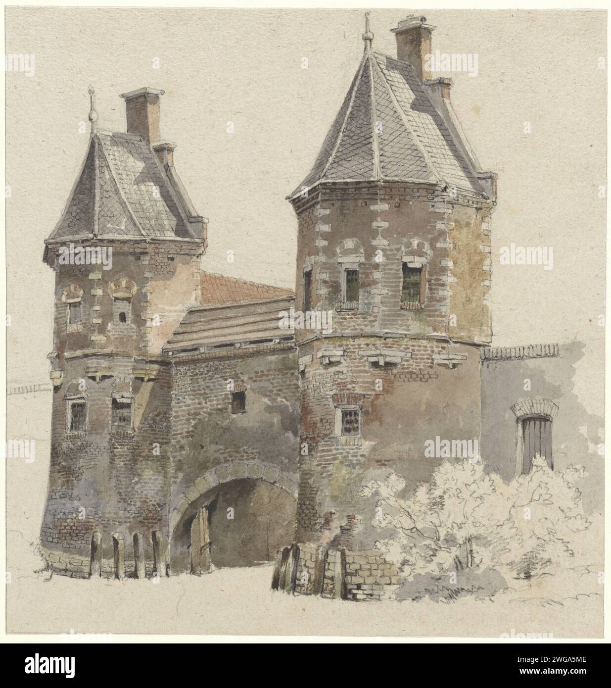 Stadspoort with towers, Alexander Oltmans, 1824 - 1853 drawing paper ...