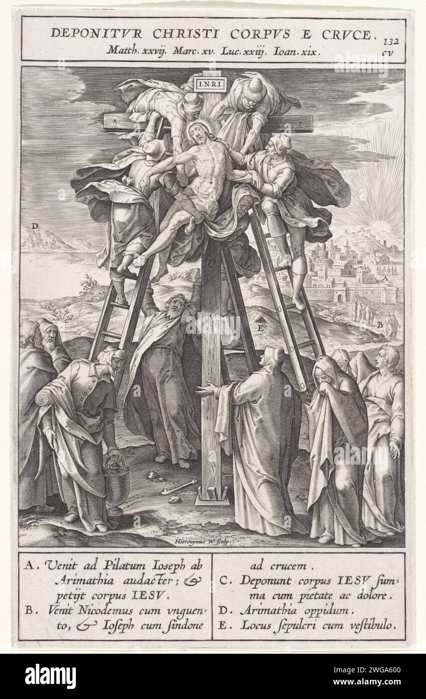 Kruisafneming, Hieronymus Wierix, after Bernardino Passeri, 1593 print The body of Christ is ...