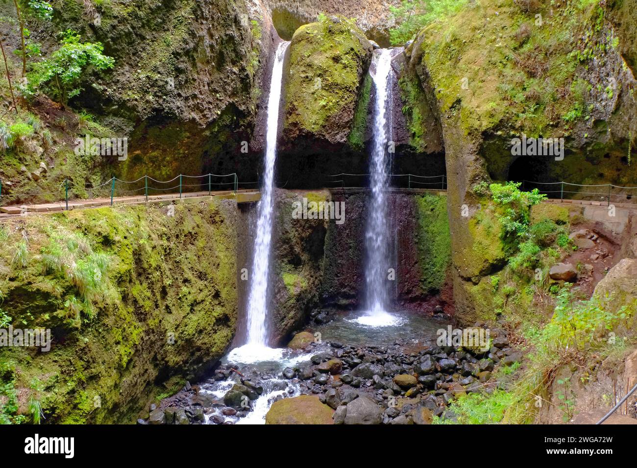 Waterfall, Levada nova, railing, Ponta do Sol, Madeira Island Stock ...