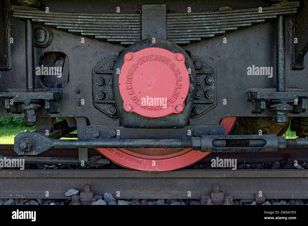 Wheel on rail with brake from Knorr-Bremse, vintage electric locomotive ...