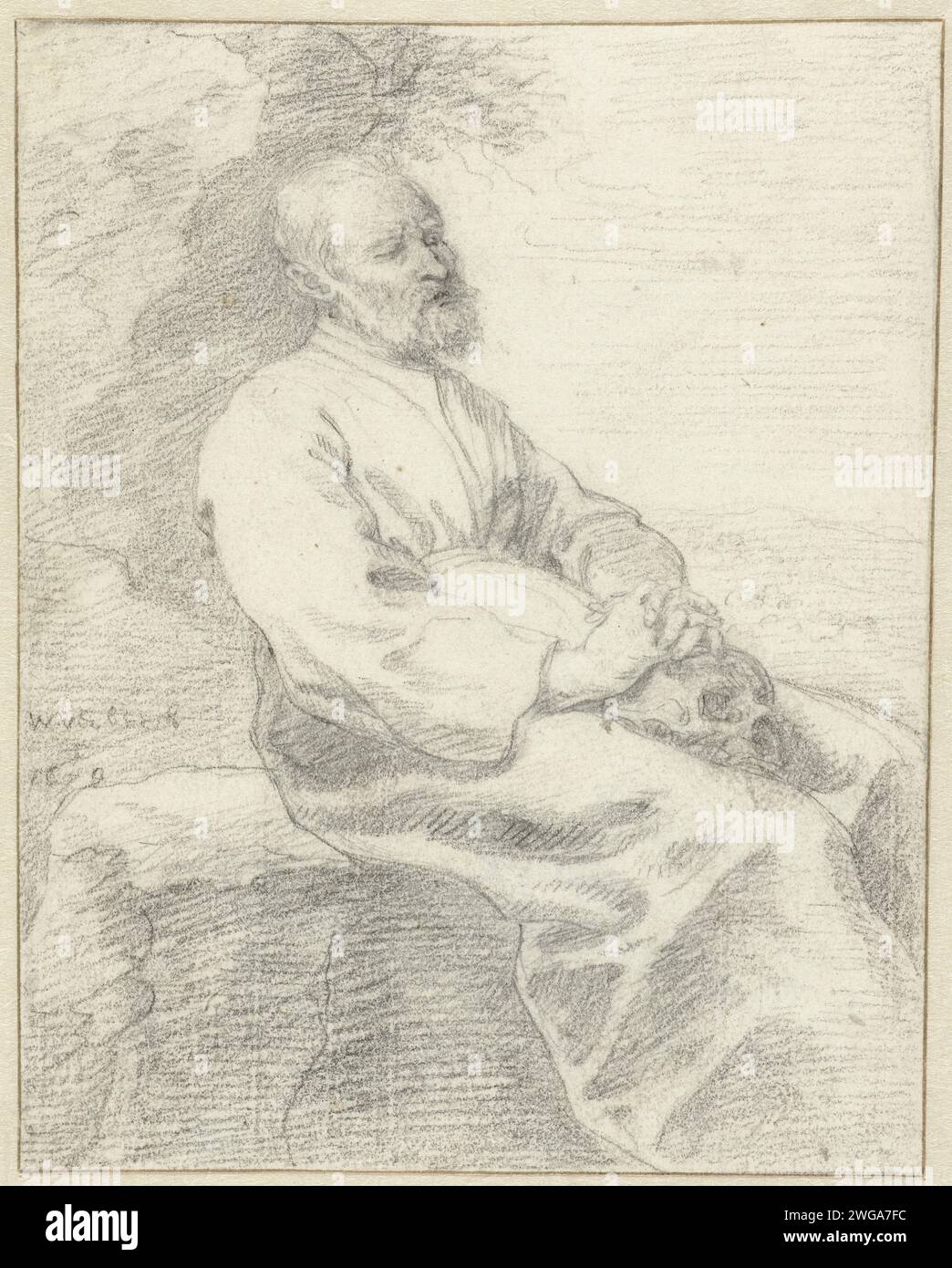 Seated hermit with a skull on his lap, W. Verbeeck, 1679 drawing paper ...