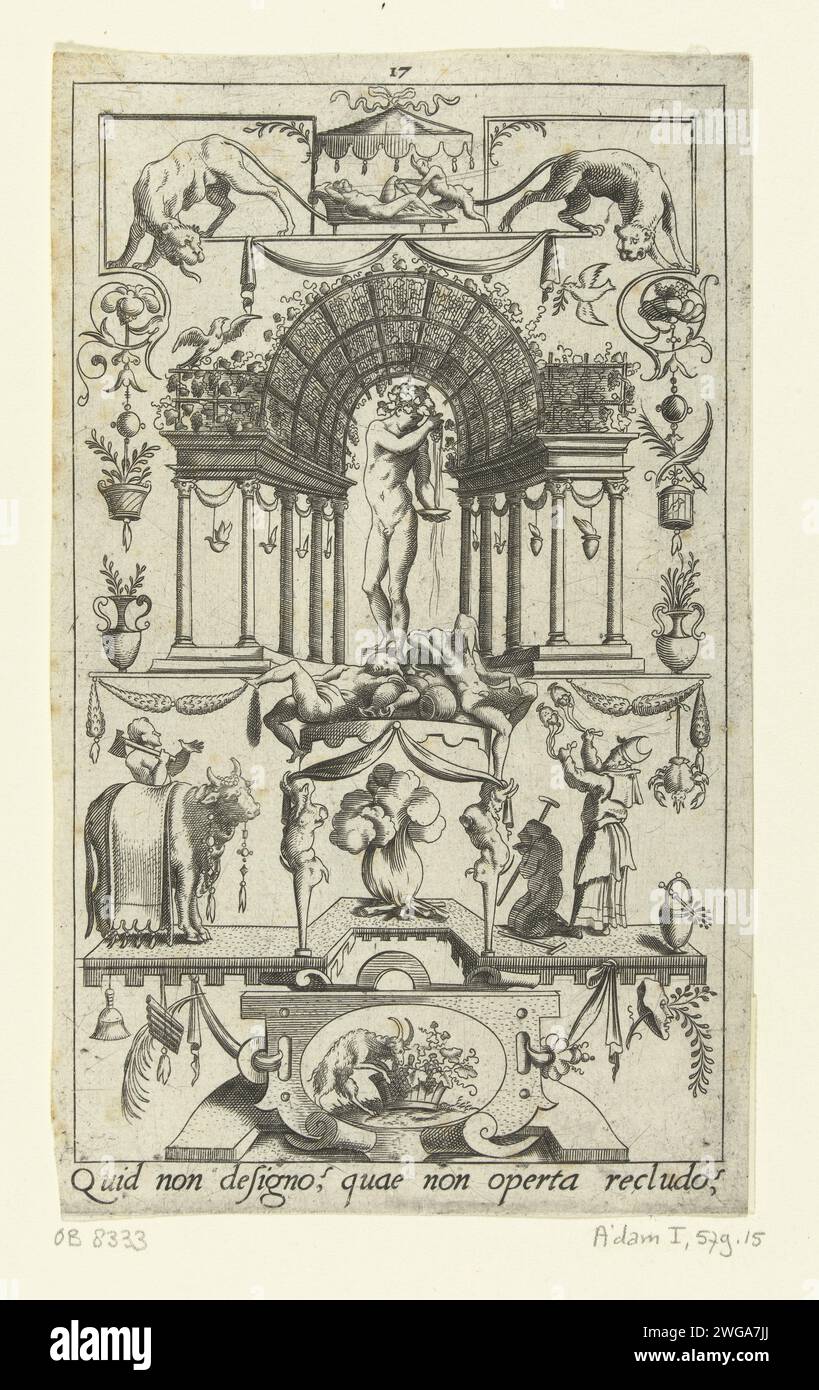 Bacchus under a pergola, 1551 - 1580 print At the bottom is a Latin ...