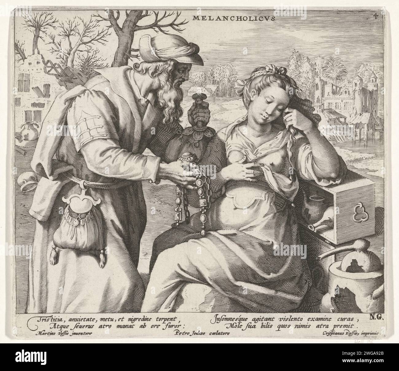 The melancholic temperament, Pieter de Jode (I), After Maerten de Vos, 1590 - 1632 print ...