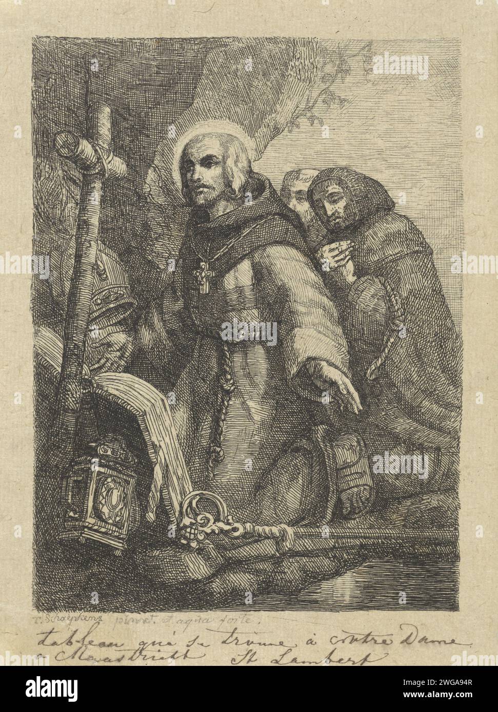 Bishop and two monks kneeling for a Crucifix, Theodoor Schaepkens, 1825 ...