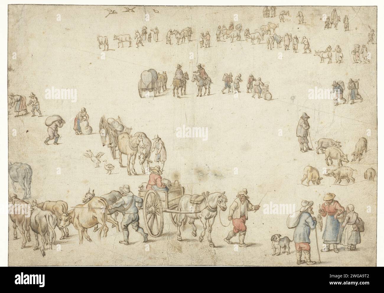 Study sheet with farmers' wagons, cattle, countrymen and riders ...