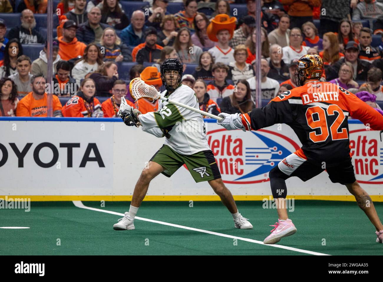 February 3rd, 2024: Rochester Knighthawks defenseman Taylor Jensen (32) runs in the second ...
