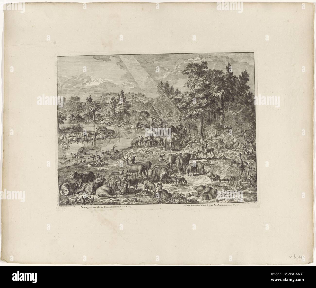 Adam gives the animals names, Jan Luyken, 1708 print Adam is sitting ...