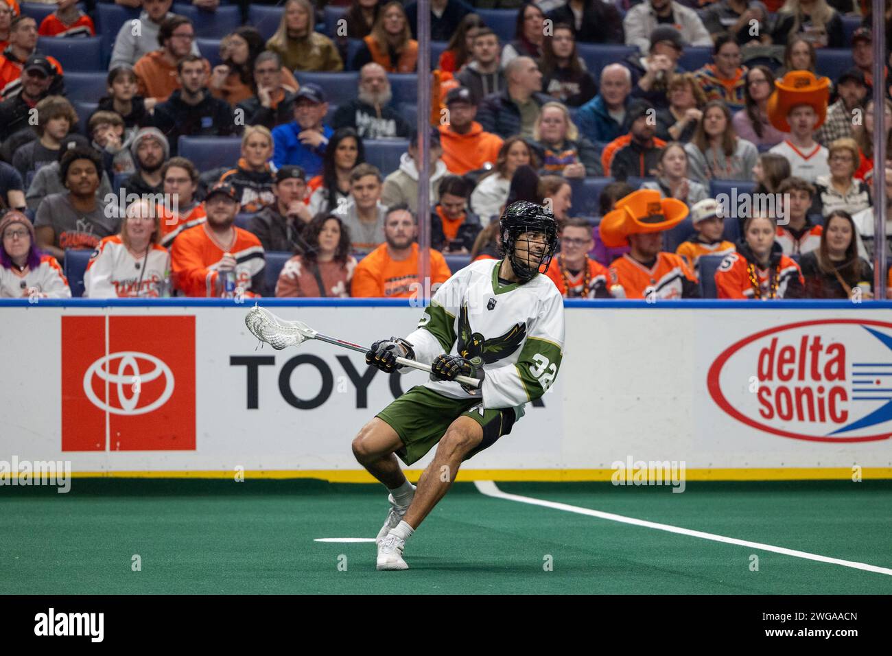 February 3rd, 2024: Rochester Knighthawks defenseman Taylor Jensen (32) runs in the second ...