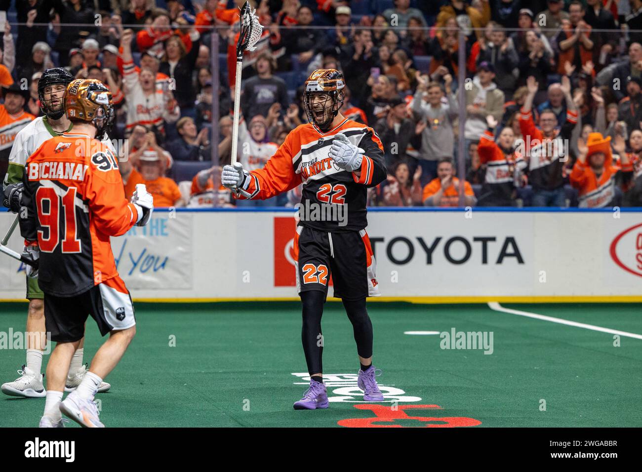 February 3rd, 2024: Buffalo Bandits forward Josh Bryne (22) celebrates ...